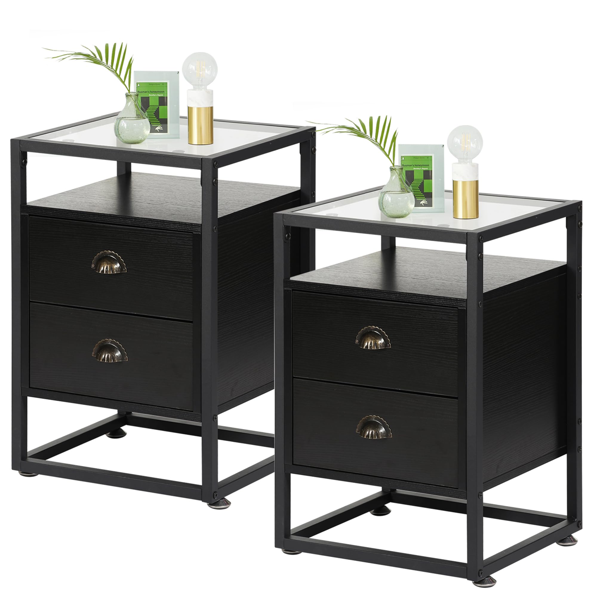 VECELO Nightstand,Glass Side End Table with Drawer and Shelf for Living Room,Bedroom,Lounge, 2PCS, Black