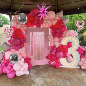 Princess Pink Balloon Garland Arch Kit, Hot Pink 4D Bow Heart Silver Disco Ball Balloons for Girls Women Birthday Wedding Bridal Baby Shower Princess Doll Theme Party Decorations