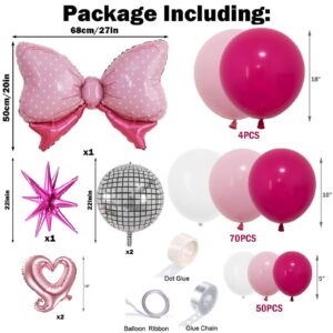 Princess Pink Balloon Garland Arch Kit, Hot Pink 4D Bow Heart Silver Disco Ball Balloons for Girls Women Birthday Wedding Bridal Baby Shower Princess Doll Theme Party Decorations