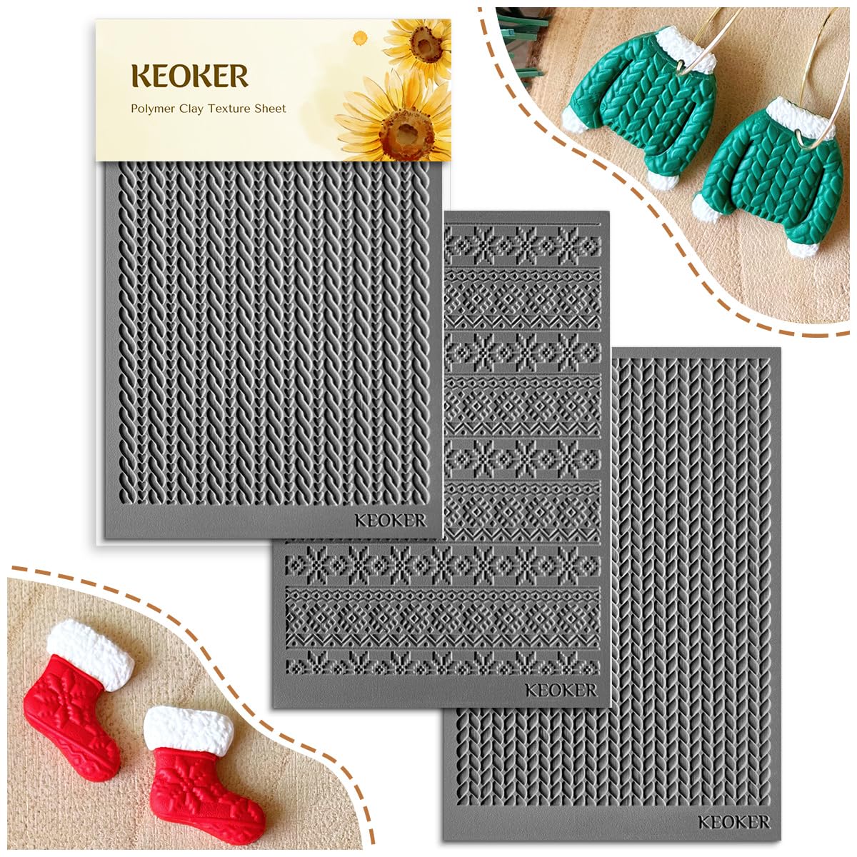 Keoker Polymer Clay Texture Sheet Christmas, Christmas Clay Texture Mat for Making Earrings Jewerly, Christmas Polymer Clay Earrings Tools (Style All 1-3)