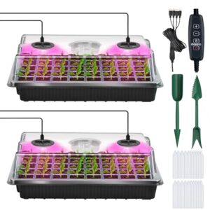 yaungel seed starter tray with grow light, seed starter kit with timing controller adjustable brightness, 80 cells seed trays for indoor planting with humidity domes heightened lids 2 pack, black