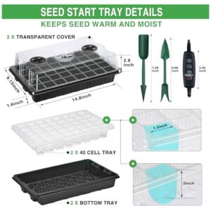 YAUNGEL Seed Starter Tray with Grow Light, Seed Starter Kit with Timing Controller Adjustable Brightness, 80 Cells Seed Trays for Indoor Planting with Humidity Domes Heightened Lids 2 Pack, Black