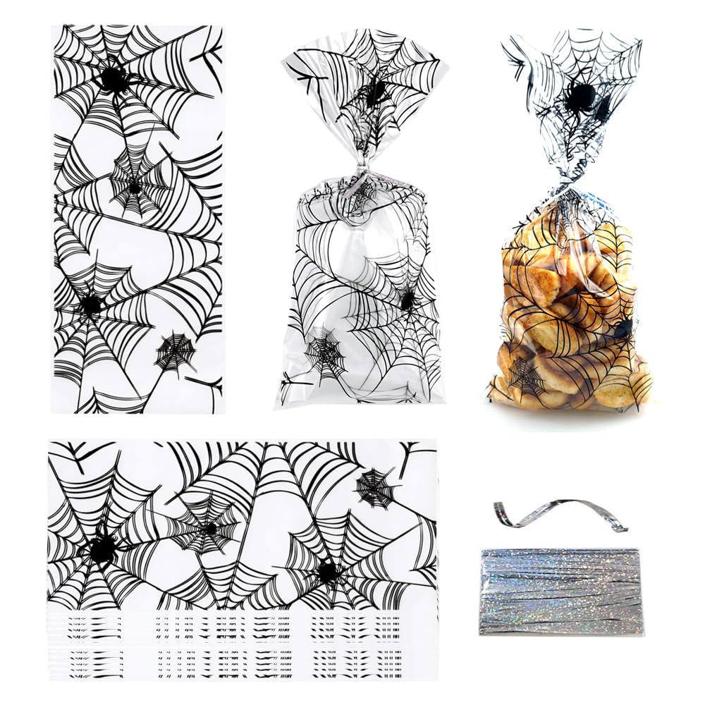 FAZHBARY 100 PCS Halloween Cellophane Bags Black Spider Halloween Goodie Bags Candy Spider Web Treat Bag Cello Bags Gift Bags for Party Wrapping Supplies