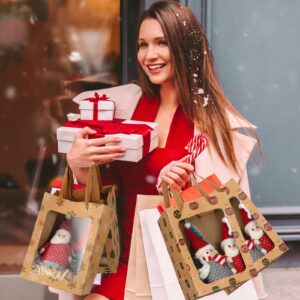 Cholemy 16 Pcs Christmas Gift Bags with Clear Window and Handles Kraft Christmas Paper Gift Bags 10 x 7 x 5.12 Inches Christmas Goody Bags for Xmas Holiday Party Favors Presents Wrapping Display