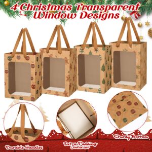 Cholemy 16 Pcs Christmas Gift Bags with Clear Window and Handles Kraft Christmas Paper Gift Bags 10 x 7 x 5.12 Inches Christmas Goody Bags for Xmas Holiday Party Favors Presents Wrapping Display