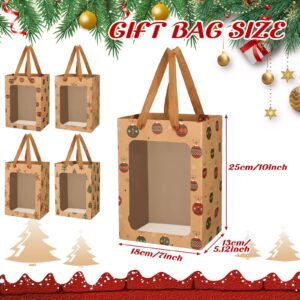 Cholemy 16 Pcs Christmas Gift Bags with Clear Window and Handles Kraft Christmas Paper Gift Bags 10 x 7 x 5.12 Inches Christmas Goody Bags for Xmas Holiday Party Favors Presents Wrapping Display