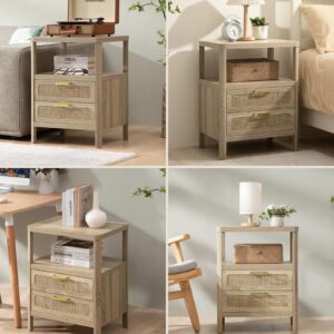 SHEEPPING Rattan Nightstands Set of 2 - Bedside Tables with 2 PE Rattan Drawers, Boho Night Stand with Open Wood Shelf, Farmhouse Bed Side Table/End Table for Bedroom Living Room, Natural, 25.5" H