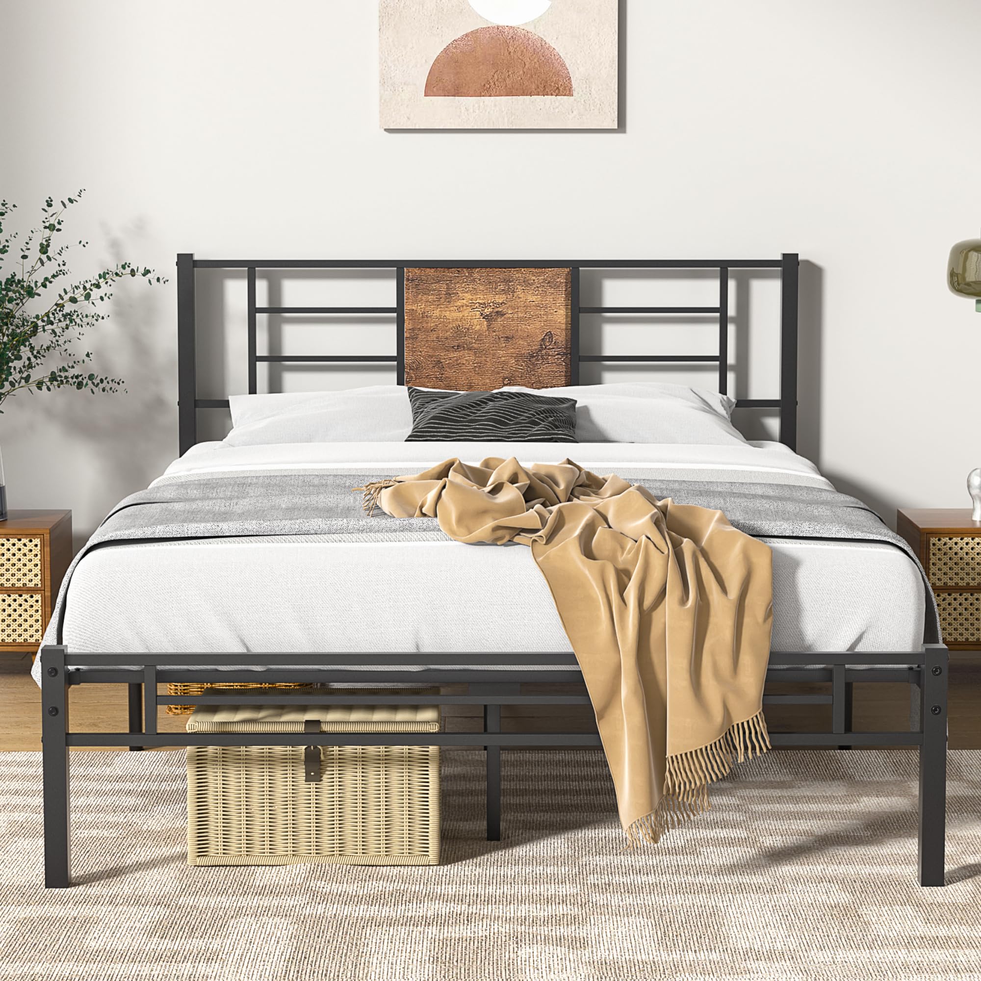 VECELO Queen Size Bed Frame with Headboard, Heavy-Duty Platform with Steel Slats Support, No Box Spring Needed/Easy Assembly, Matte Black & Brown