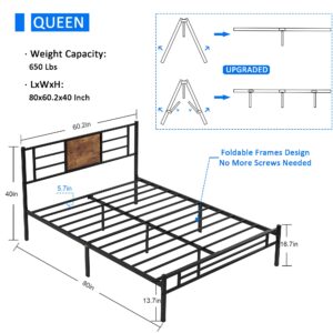 VECELO Queen Size Bed Frame with Headboard, Heavy-Duty Platform with Steel Slats Support, No Box Spring Needed/Easy Assembly, Matte Black & Brown