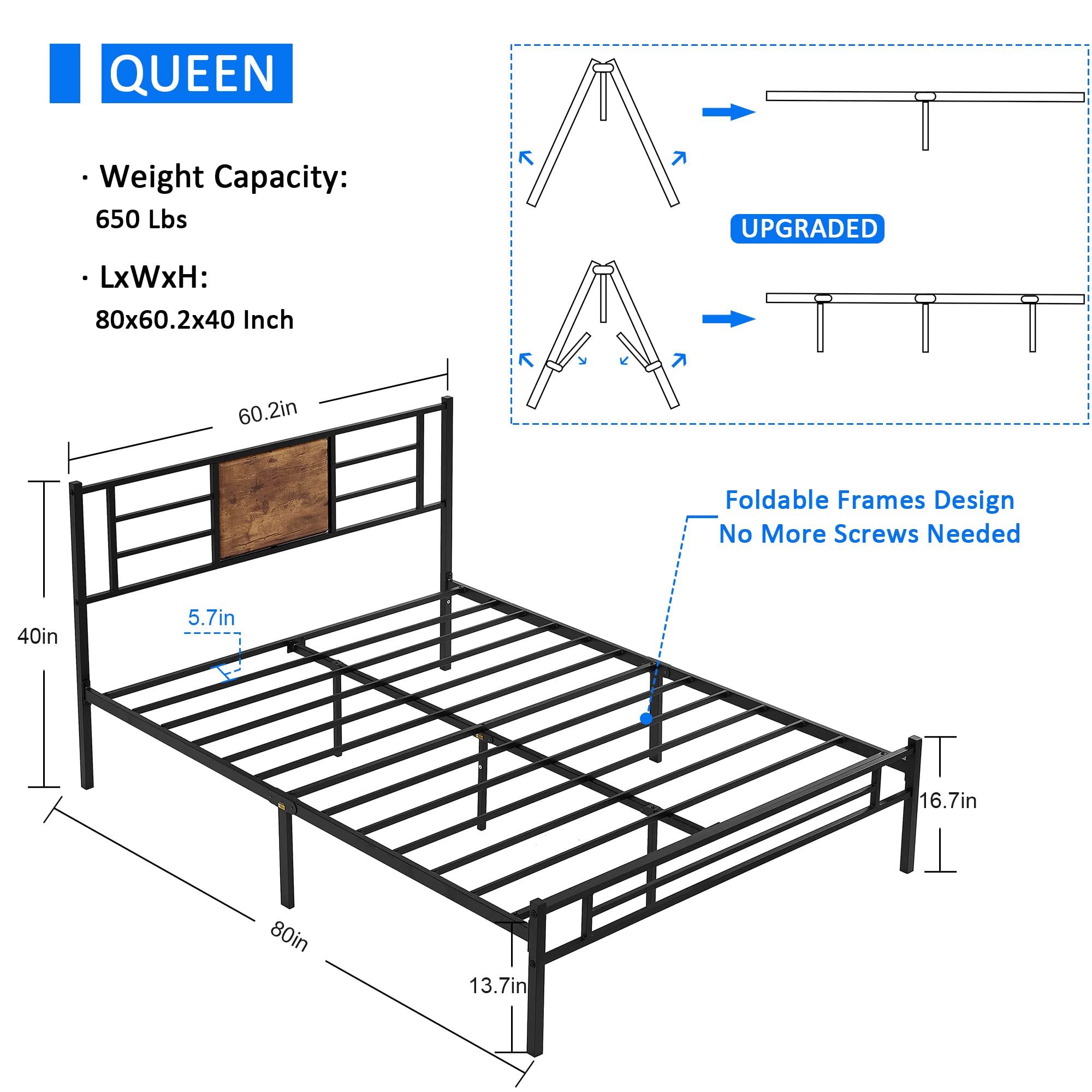 VECELO Queen Size Bed Frame with Headboard, Heavy-Duty Platform with Steel Slats Support, No Box Spring Needed/Easy Assembly, Matte Black & Brown