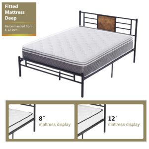 VECELO Queen Size Bed Frame with Headboard, Heavy-Duty Platform with Steel Slats Support, No Box Spring Needed/Easy Assembly, Matte Black & Brown