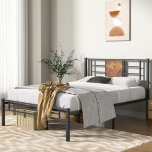 VECELO Queen Size Bed Frame with Headboard, Heavy-Duty Platform with Steel Slats Support, No Box Spring Needed/Easy Assembly, Matte Black & Brown