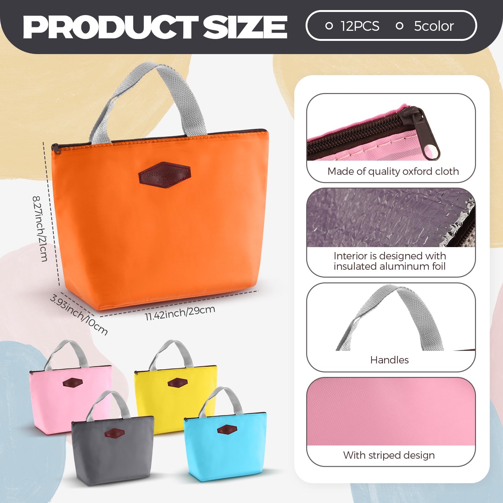 Chunful 12 Pcs Insulated Lunch Bags Aesthetic Lunch Bag Lunch Tote Bag Bulk with Zipper Thermal Leakproof Lunch Bags or Women Men Office Work School Picnic Beach Fishing (4 Bright Color)