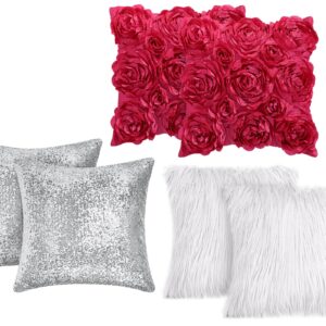 Oudain 6 Pcs Decorative 3D Rose Flower Pillow Cover, Faux Fur Throw Pillow Covers, 16 x 16 Inch Throw Pillows for Bed Soft Square Sofa Pillow Covers for Sofa Bedroom Car (Hot Pink)