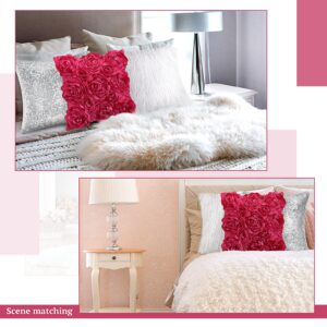 Oudain 6 Pcs Decorative 3D Rose Flower Pillow Cover, Faux Fur Throw Pillow Covers, 16 x 16 Inch Throw Pillows for Bed Soft Square Sofa Pillow Covers for Sofa Bedroom Car (Hot Pink)