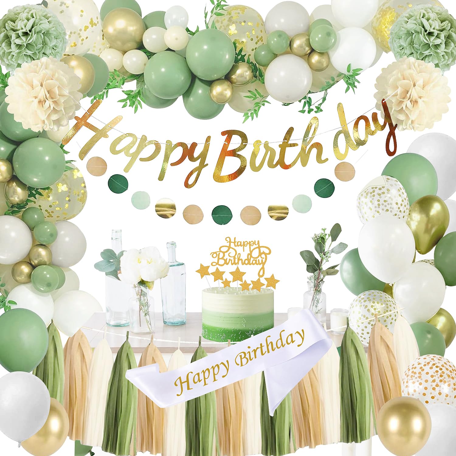 Upgraded Sage Green Birthday Party Decorations for Girls Women with Happy birthday Sash,Banner,Tissue Pompoms,Circle Dots Garland,Paper Tassels Garland, cake topper for Her Birthday Decor (sage green)