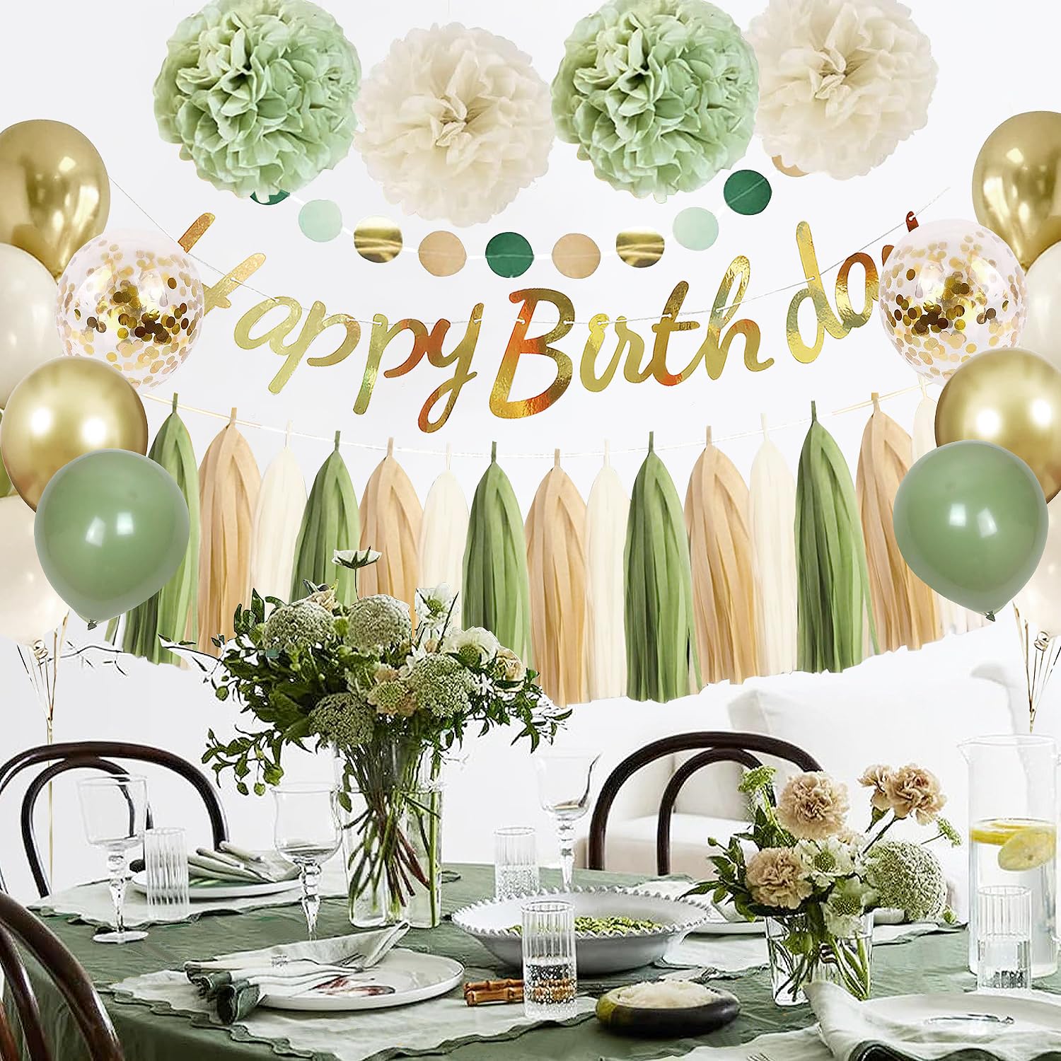 Upgraded Sage Green Birthday Party Decorations for Girls Women with Happy birthday Sash,Banner,Tissue Pompoms,Circle Dots Garland,Paper Tassels Garland, cake topper for Her Birthday Decor (sage green)