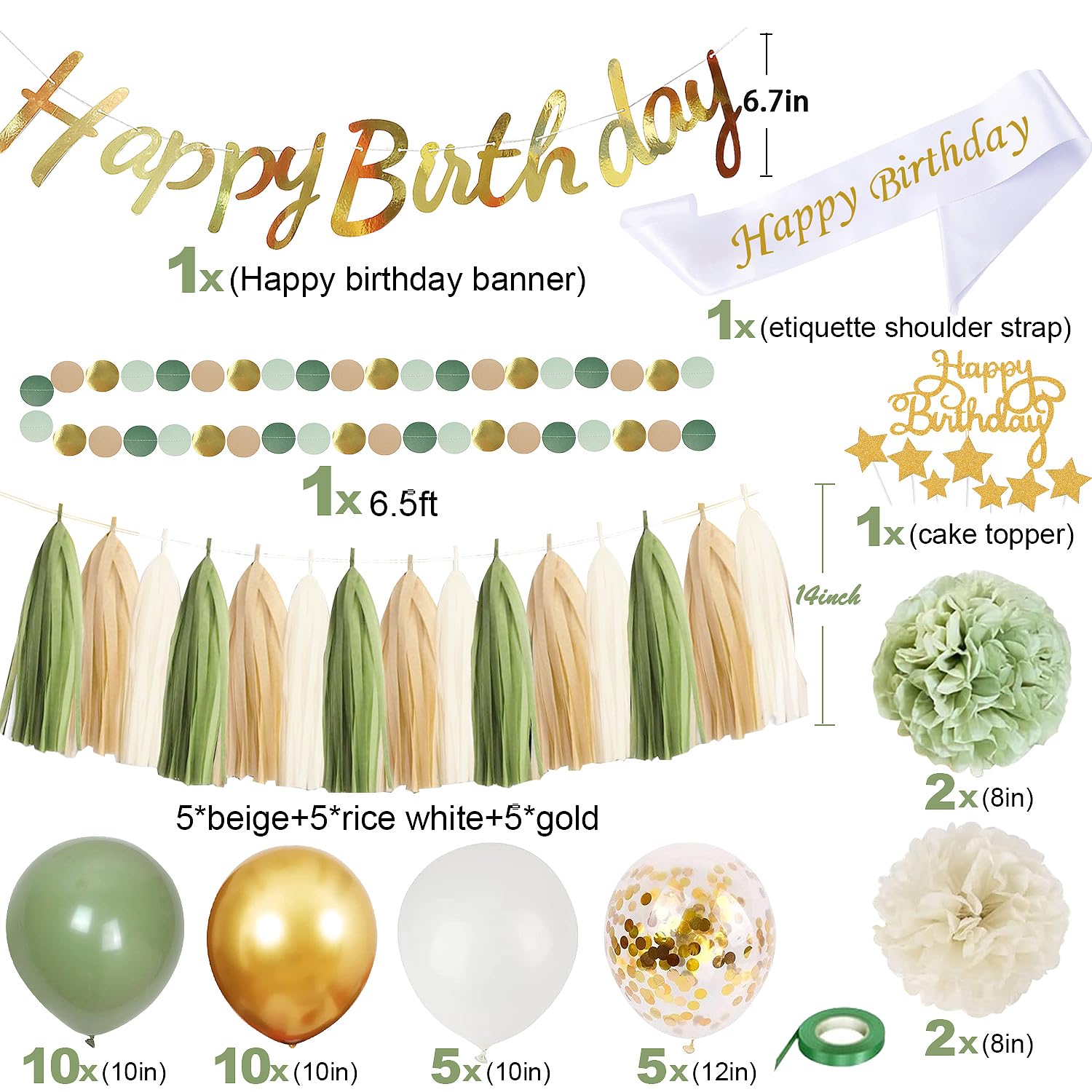 Upgraded Sage Green Birthday Party Decorations for Girls Women with Happy birthday Sash,Banner,Tissue Pompoms,Circle Dots Garland,Paper Tassels Garland, cake topper for Her Birthday Decor (sage green)