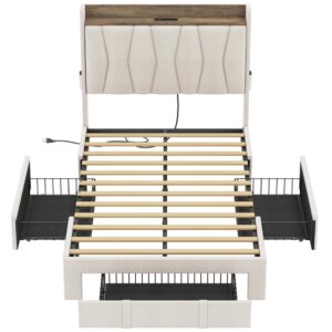 ANCTOR Twin Bed Frame with 3 Drawers, Upholstered Platform Bed with Storage Headboard and Charging Station, No Box Spring Needed, Easy Assembly, Beige