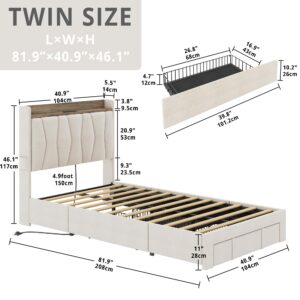 ANCTOR Twin Bed Frame with 3 Drawers, Upholstered Platform Bed with Storage Headboard and Charging Station, No Box Spring Needed, Easy Assembly, Beige