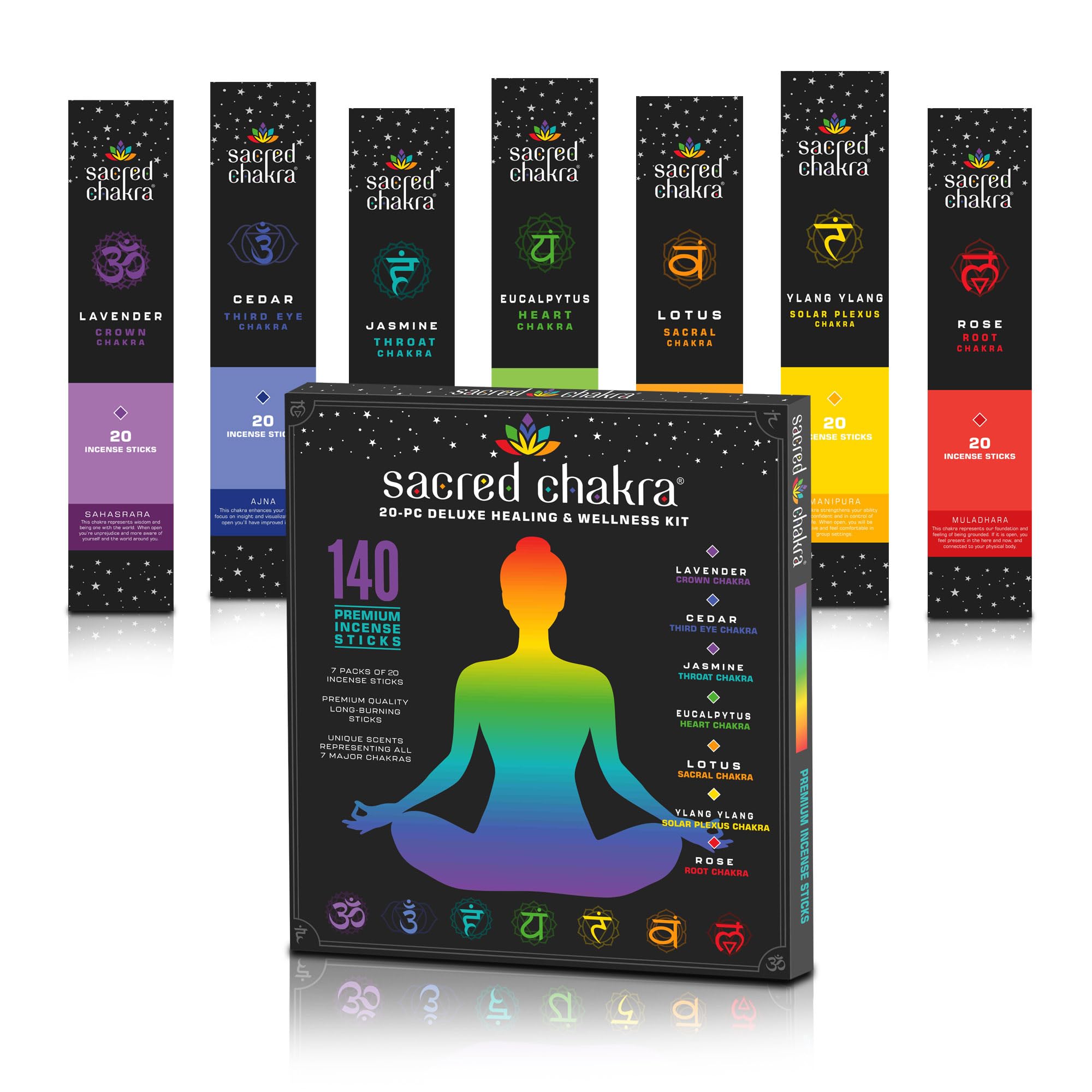 Mecka Sacred Chakra Incense Sticks Gift Set | 140 Insence-Sticks for Yoga, Aromatherapy and Relaxation | 7 Unique Aligning Scents for Meditation and Good Vibes | Premium Slow Burn Natural Insenses