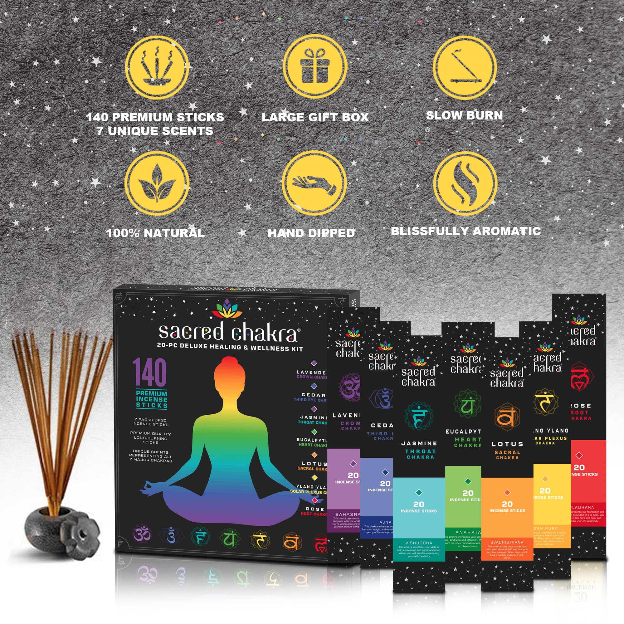 Mecka Sacred Chakra Incense Sticks Gift Set | 140 Insence-Sticks for Yoga, Aromatherapy and Relaxation | 7 Unique Aligning Scents for Meditation and Good Vibes | Premium Slow Burn Natural Insenses