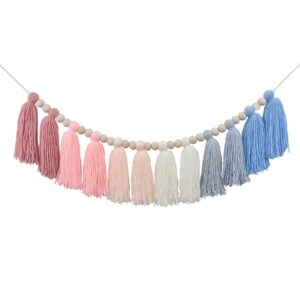 drcor pink and blue yarn tassel garland preppy boho bunting banner wall hanging decor for classroom back to school nursery party kids bedroom baby shower decoration