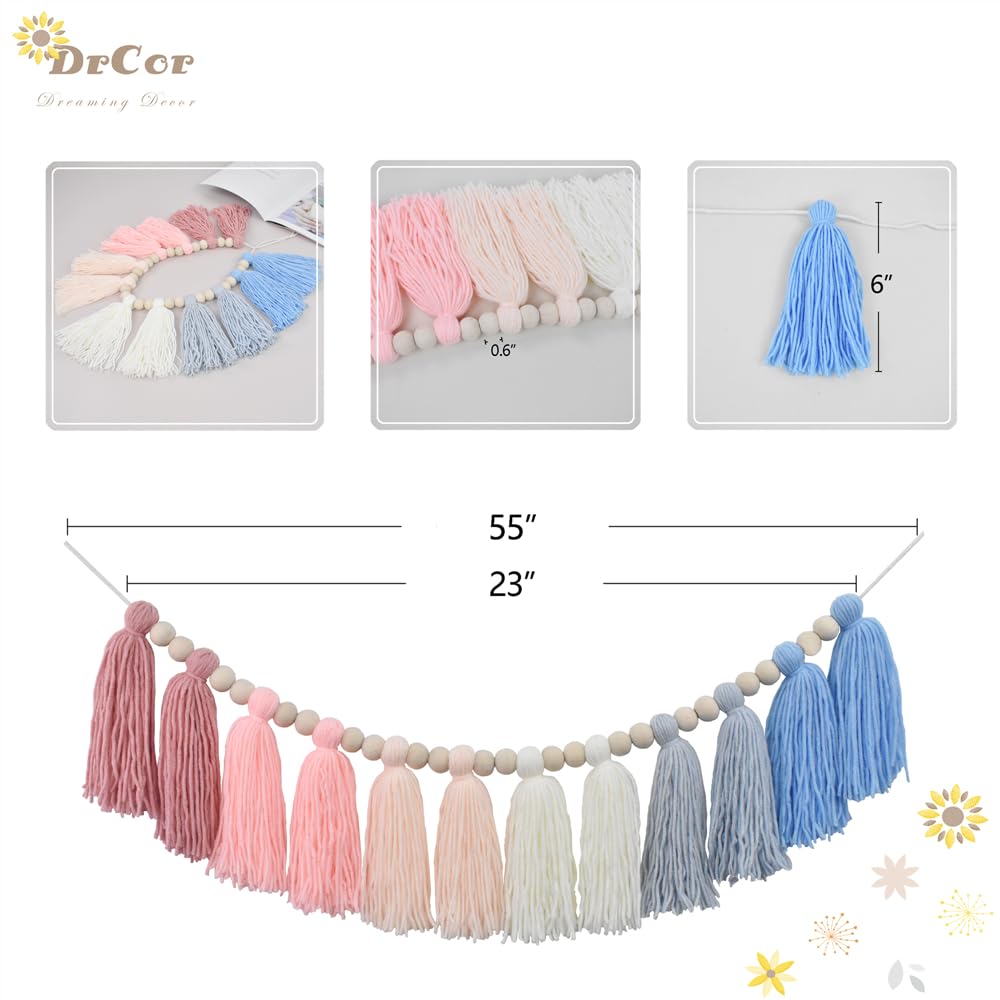 DrCor Pink and Blue Yarn Tassel Garland Preppy Boho Bunting Banner Wall Hanging Decor for Classroom Back to School Nursery Party Kids Bedroom Baby Shower Decoration