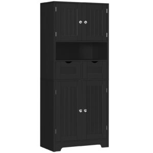 quimoo tall storage cabinet, bathroom cabinet with drawers & adjustable shelves, bathroom storage cabinet for living room, kitchen, black