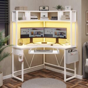 sedeta corner desk, small computer desk with hutch & led lights, triangle corner computer desk with keyboard tray, storage bag, and headphone hook for small space, small office desk, white