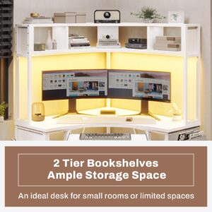 SEDETA Corner Desk, Small Computer Desk with Hutch & LED Lights, Triangle Corner Computer Desk with Keyboard Tray, Storage Bag, and Headphone Hook for Small Space, Small Office Desk, White