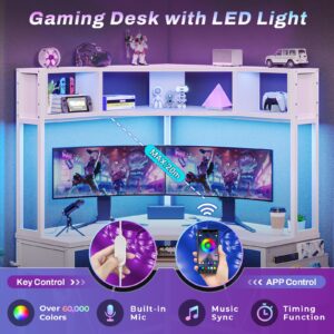 SEDETA Corner Desk, Small Computer Desk with Hutch & LED Lights, Triangle Corner Computer Desk with Keyboard Tray, Storage Bag, and Headphone Hook for Small Space, Small Office Desk, White