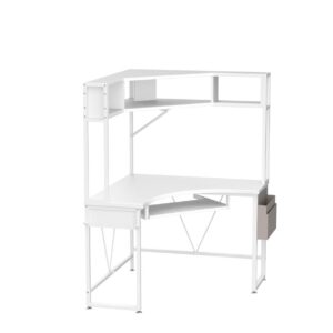 SEDETA Corner Desk, Small Computer Desk with Hutch & LED Lights, Triangle Corner Computer Desk with Keyboard Tray, Storage Bag, and Headphone Hook for Small Space, Small Office Desk, White