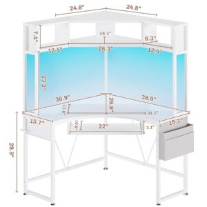 SEDETA Corner Desk, Small Computer Desk with Hutch & LED Lights, Triangle Corner Computer Desk with Keyboard Tray, Storage Bag, and Headphone Hook for Small Space, Small Office Desk, White