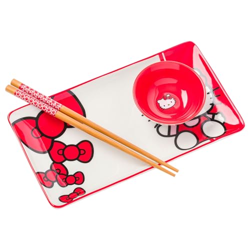 Silver Buffalo Sanrio Hello Kitty Red and White Bow Ceramic Sushi Set with Dipping Sauce Dish and Matching Chopsticks