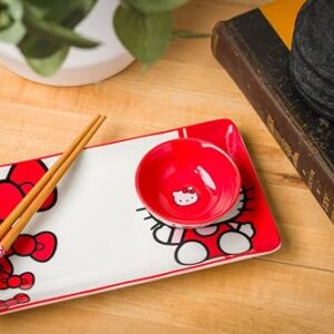 Silver Buffalo Sanrio Hello Kitty Red and White Bow Ceramic Sushi Set with Dipping Sauce Dish and Matching Chopsticks