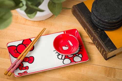 Silver Buffalo Sanrio Hello Kitty Red and White Bow Ceramic Sushi Set with Dipping Sauce Dish and Matching Chopsticks