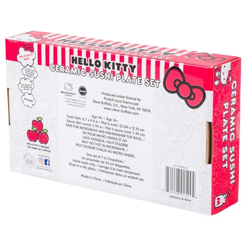 Silver Buffalo Sanrio Hello Kitty Red and White Bow Ceramic Sushi Set with Dipping Sauce Dish and Matching Chopsticks