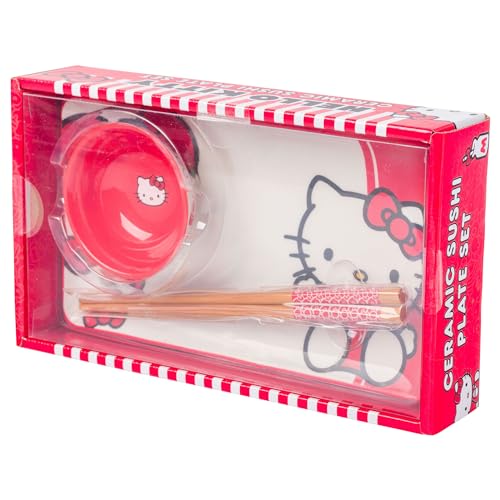 Silver Buffalo Sanrio Hello Kitty Red and White Bow Ceramic Sushi Set with Dipping Sauce Dish and Matching Chopsticks