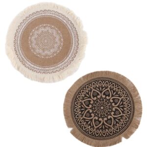 2 pcs round jute woven placemat, farmhouse non-slip table mats with tassel for kitchen dining table decor photo props, 14.5 inch