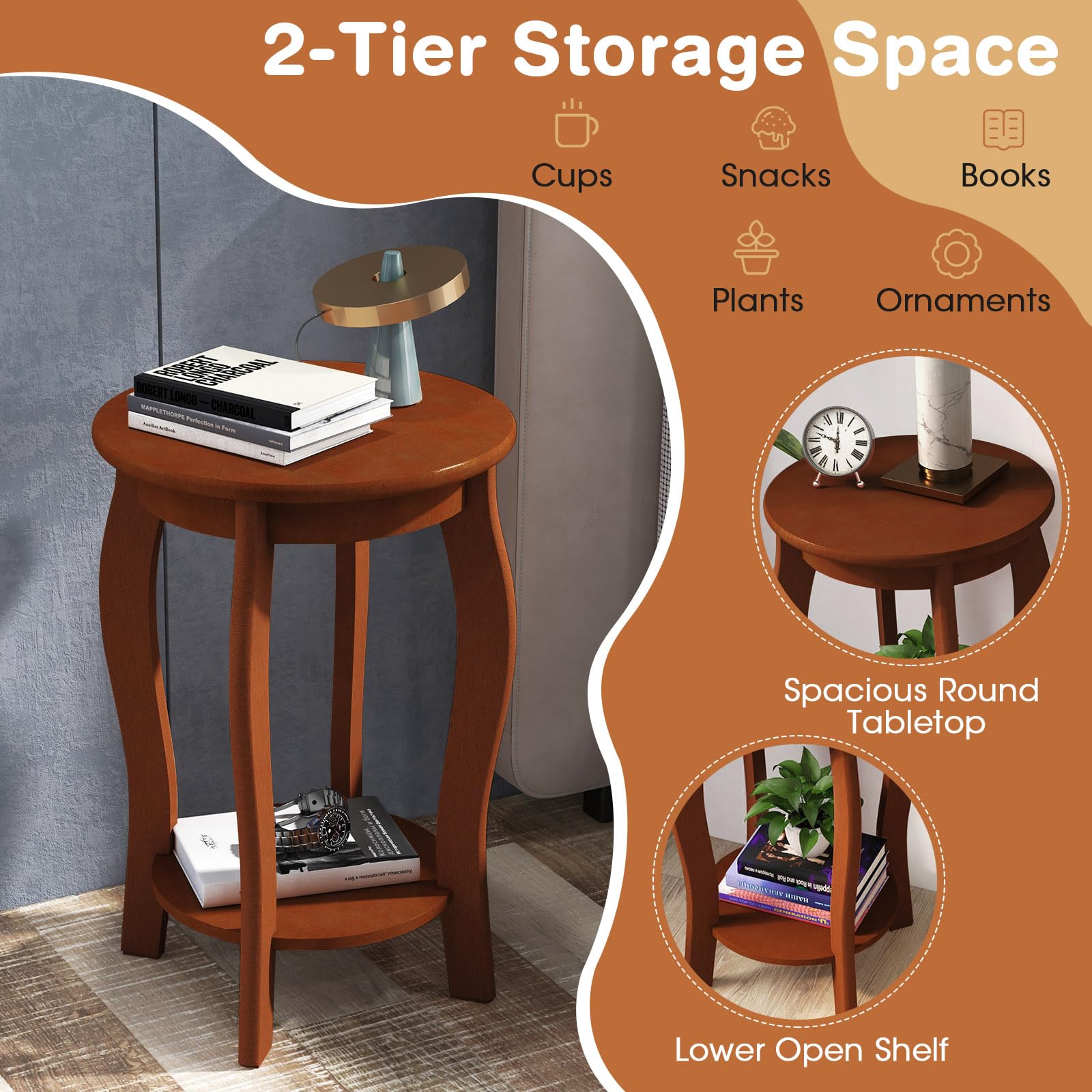 GOFLAME 2-Tier Round End Table Set of 2, Modern Sofa Side Table with Storage Shelf, Solid Wood Legs, Compact Accent Table, Nightstand for Living Room, Bedroom, Small Space, Walnut