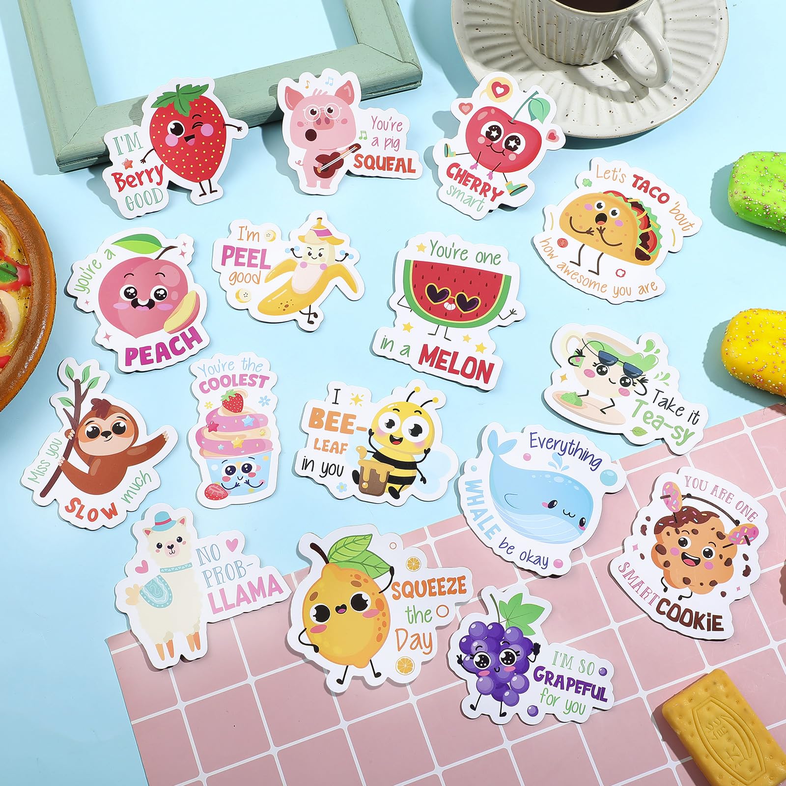 Kanayu 16 Pcs Cute Fridge Magnets Fun Puns Magnetic Stickers Decorative Refrigerator Decal Funny Magnets for Locker Fridge Stickers for Whiteboard Laptop Office School Student Adult (Food and Animal)