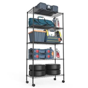 5 tier nsf wire shelf shelving unit, 14 x 30 x 60 inch 750lbs capacity adjustable storage metal rack with wheels/leveling feet & shelf liners, ideal for garage, kitchen, office home and more - black