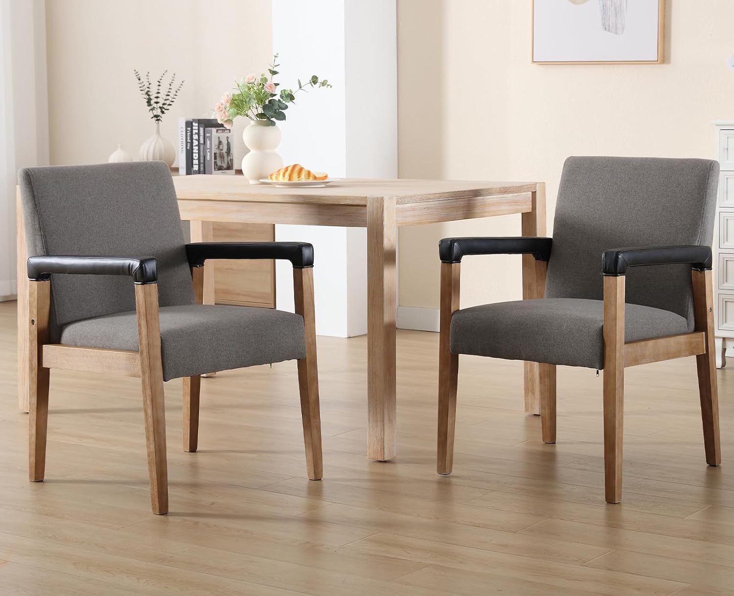 Kmax Modern Dining Chairs Set of 4 Linen Fabric Kitchen Arm Chairs Upholstered Accent Chairs with Wooden Legs for Dining Room, Living Room, Bedroom, Grey