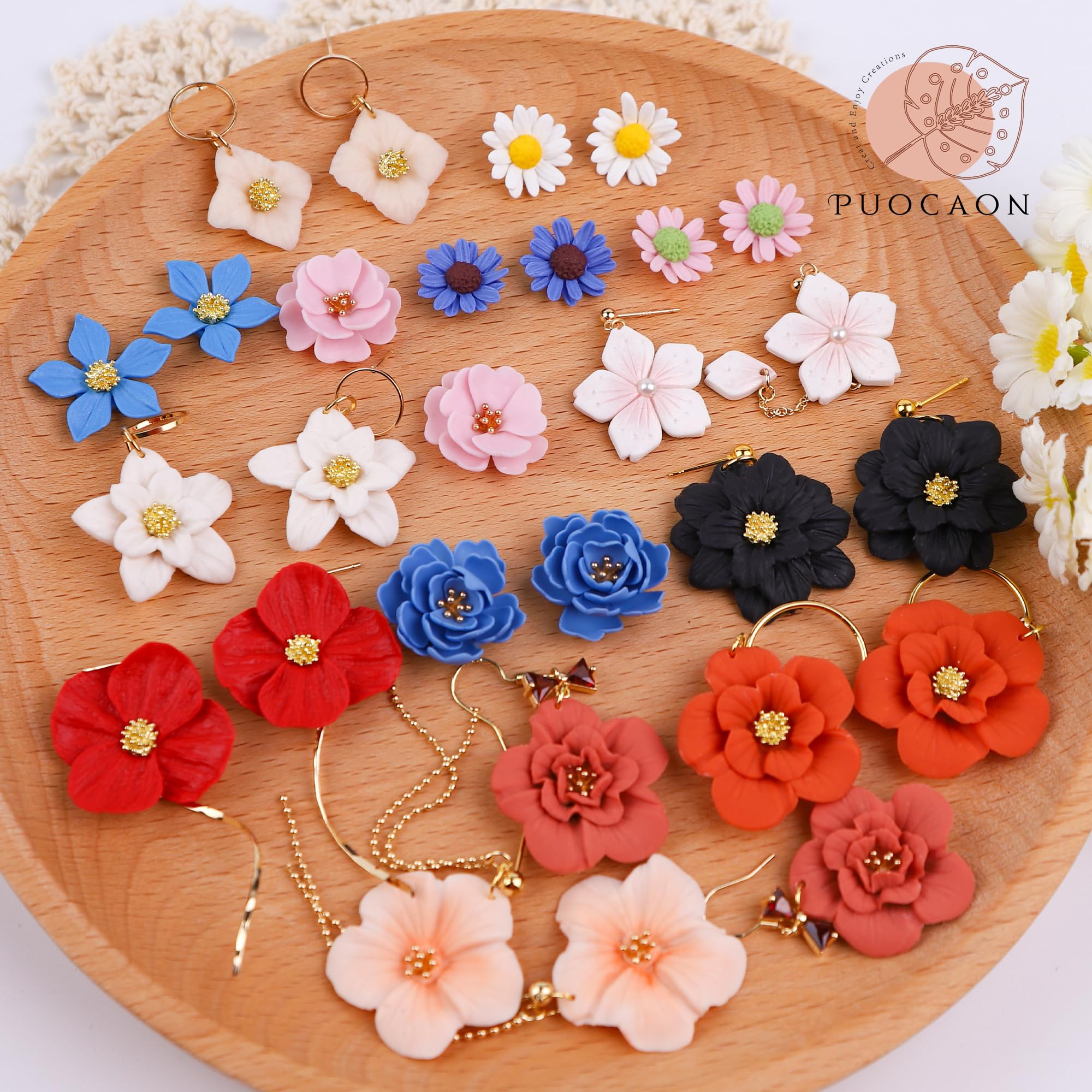 Puocaon Flower Petal Clay Cutters - 4 Pcs Flower Shape Clay Cutters for Polymer Clay Jewelry, 2 Pcs Flower Texture Molds 20 Pcs Brass Charms for Flower Pistil, Flower Clay Jewelry Earrings Making Tool