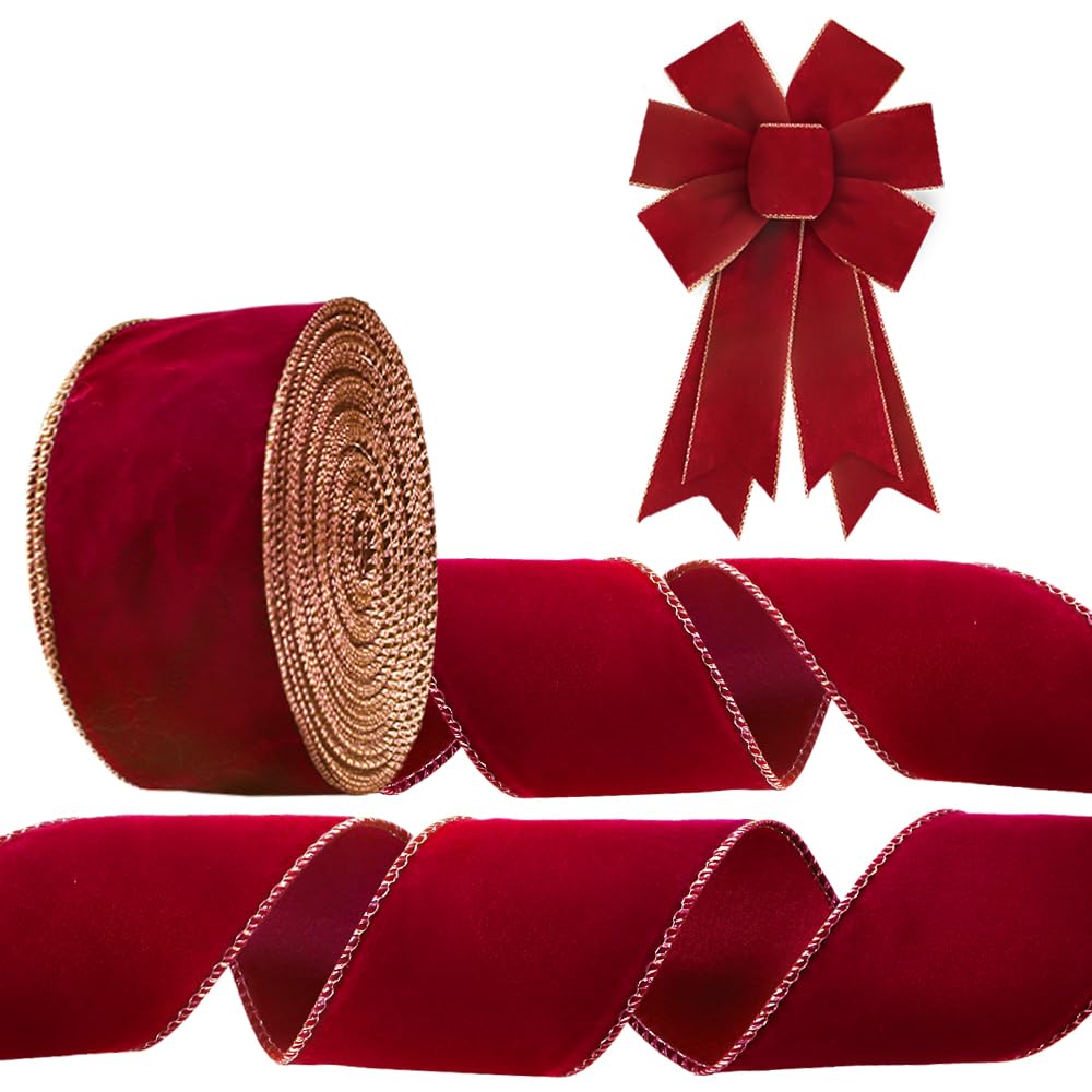 Threetols 10 Yards Red Velvet Wired Edge Ribbons, 2.5inch Red Velvet Solid Ribbon Gilt Edged Burlap Ribbon for New Year Birthday Party Wrapping DIY Craft Decoration Wreaths Bow