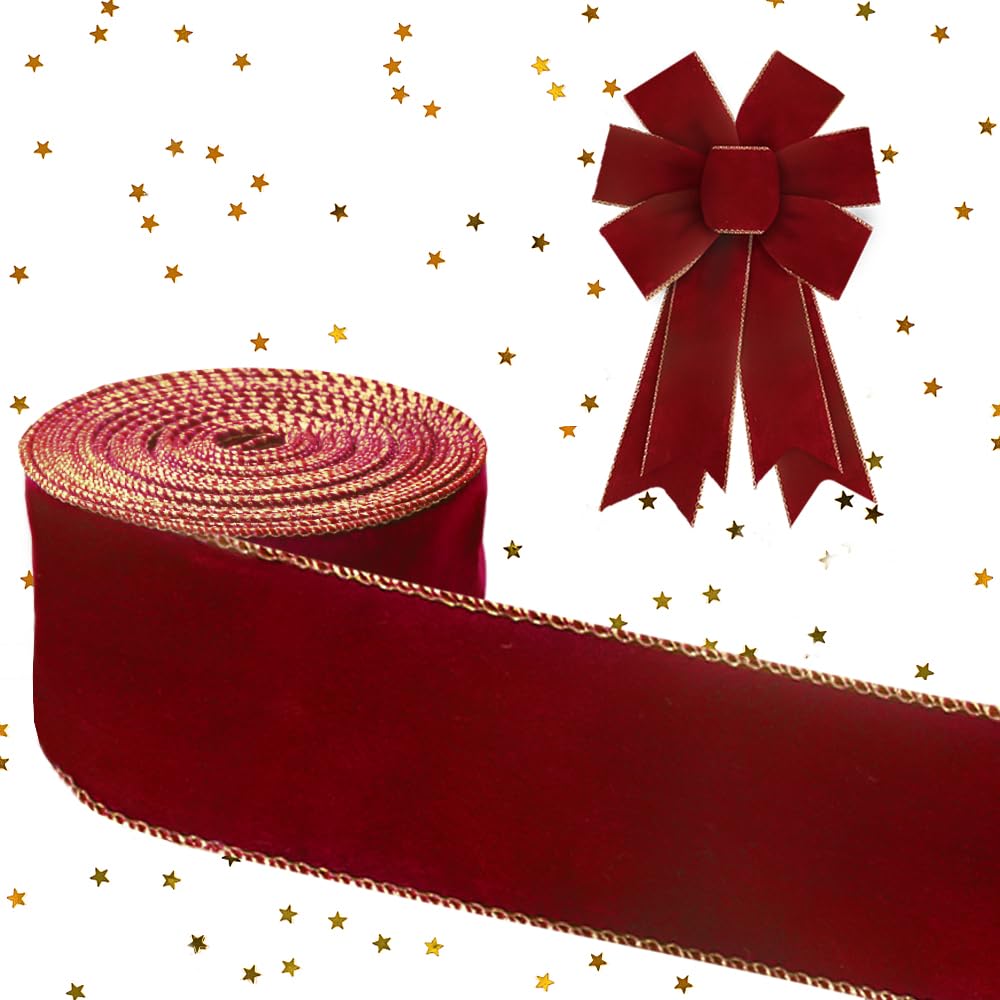 Threetols 10 Yards Red Velvet Wired Edge Ribbons, 2.5inch Red Velvet Solid Ribbon Gilt Edged Burlap Ribbon for New Year Birthday Party Wrapping DIY Craft Decoration Wreaths Bow