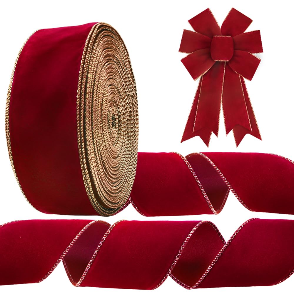 Threetols 50 Yards Red Velvet Wired Edge Ribbons, 2.5inch Red Velvet Solid Ribbon Gilt Edged Burlap Ribbon for New Year Birthday Party Wrapping DIY Craft Decoration Wreaths Bow