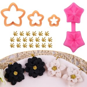 puocaon flower polymer clay cutters - 3 pcs flower clay cutters for polymer clay jewelry, 2 pcs plumeria flower texture molds, 20 flower pistil brass charms, clay earring cutters for jewelry making