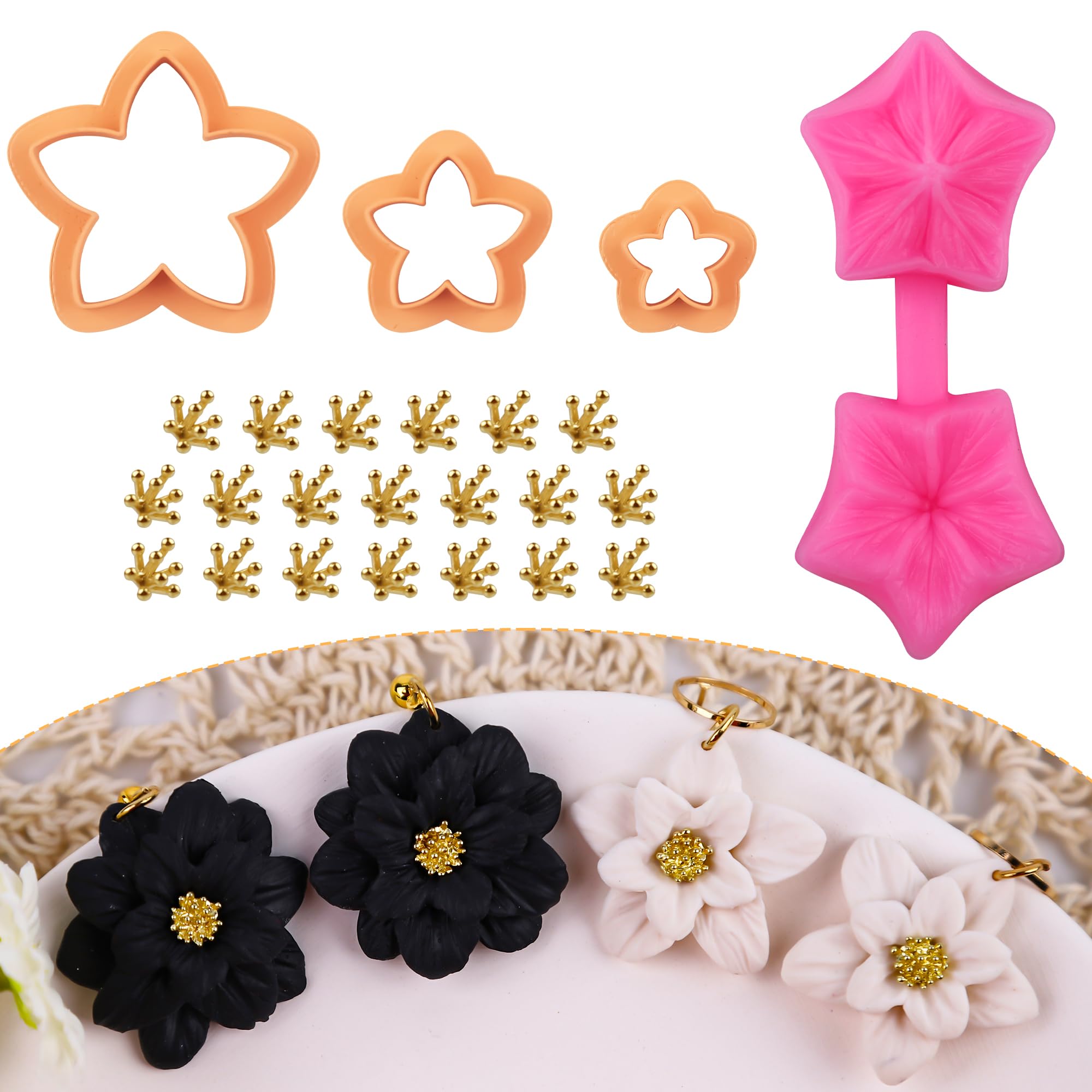 Puocaon Flower Polymer Clay Cutters - 3 Pcs Flower Clay Cutters for Polymer Clay Jewelry, 2 Pcs Plumeria Flower Texture Molds, 20 Flower Pistil Brass Charms, Clay Earring Cutters for Jewelry Making